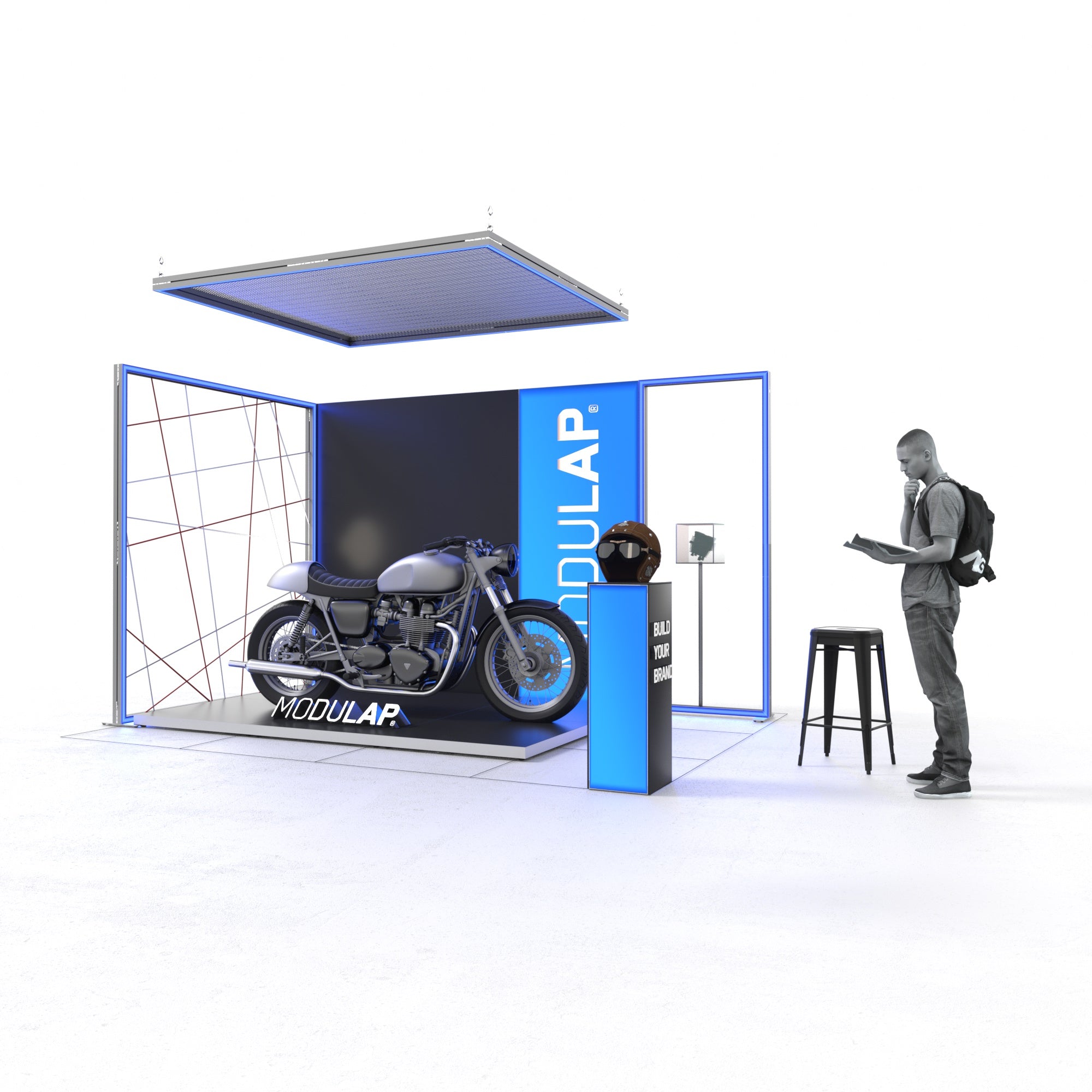 Messestand für größere Objekte mit Lightframes und Boden­elementen | EMIN – MODULAP Systems