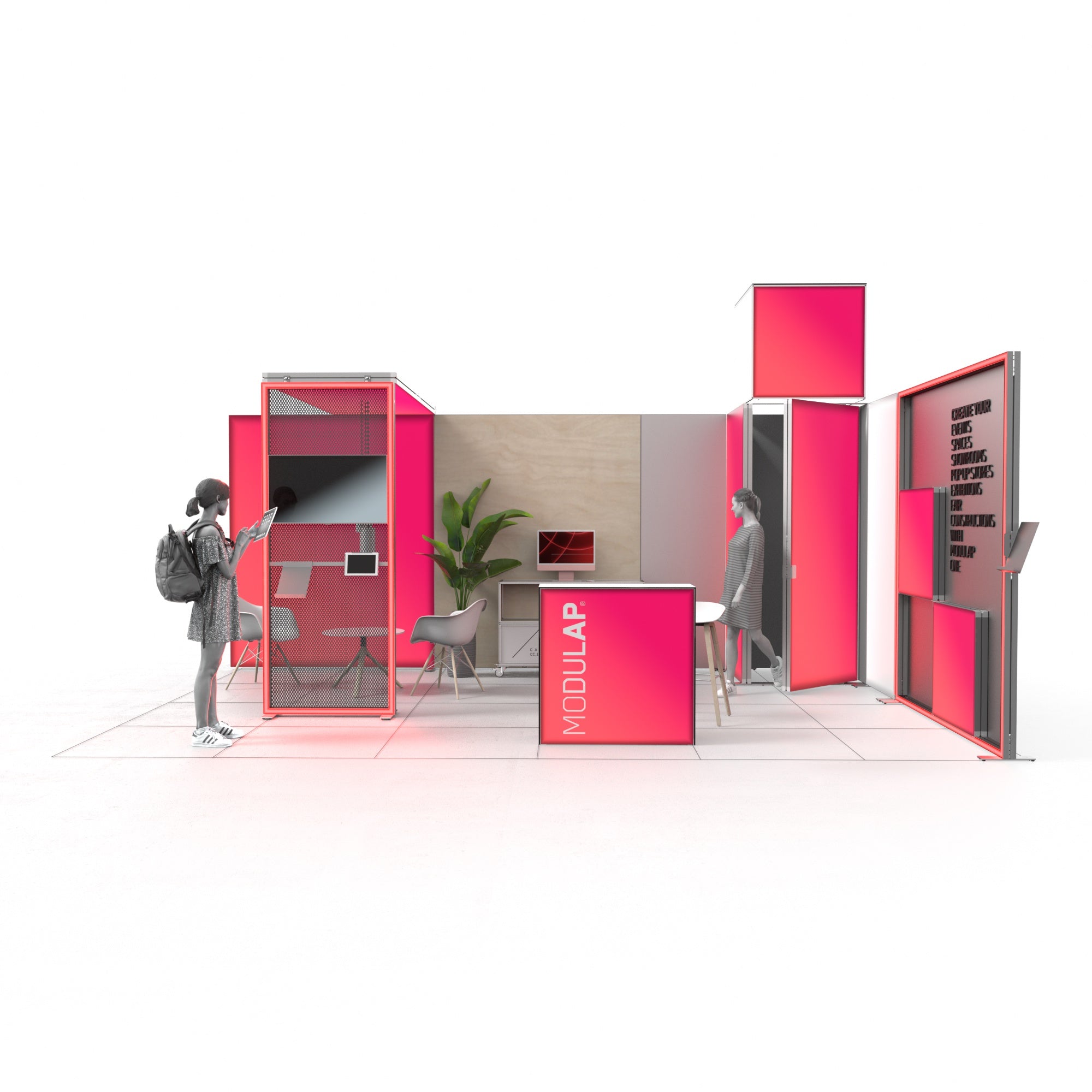 Messestand mit Lichtbrücke, Lounge Area, Kabine und Lightframes | MAIK – MODULAP Systems